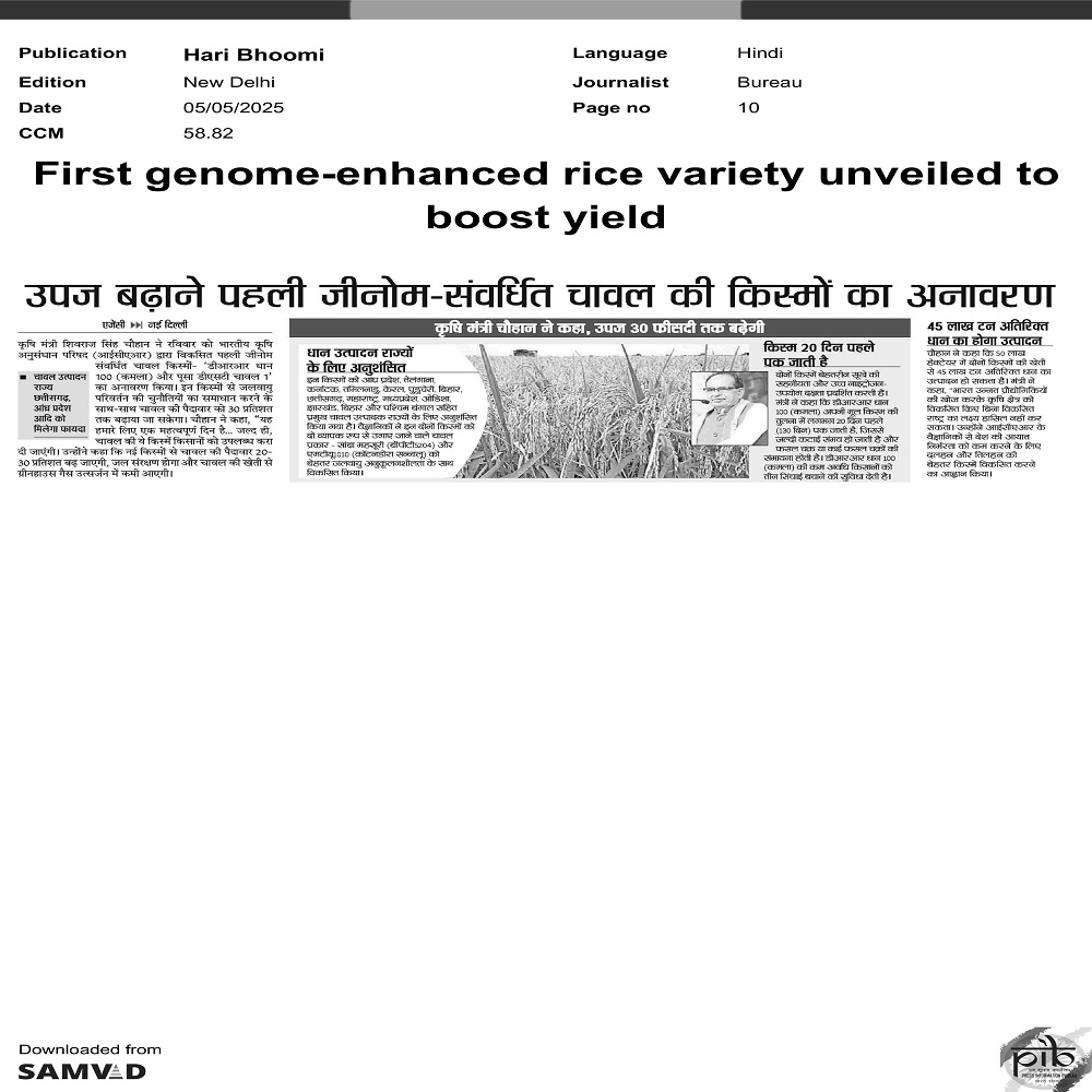 First genomeenhanced rice variety unveiled to boost yield | ICAR